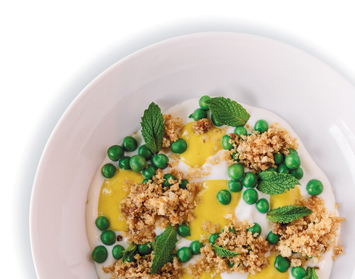 Fromage Blanc with English Peas, Breadcrumbs, and Artichoke Vinaigrette